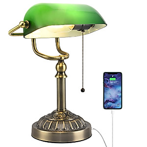 Rizzyluz Green Glass Bankers Desk Lamp, Vintage Desk Lamp with USB Charging Port, Traditional Farmhouse Table Lamp, Mid Century Desk Lamp Pull Chain for Home Office Library