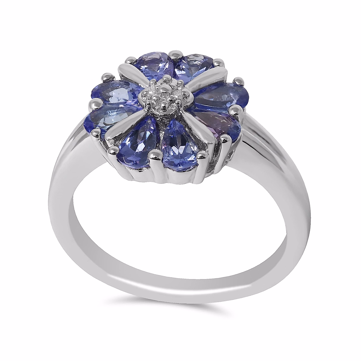 KOKAV 925 Sterling Silver Pear Shape Tanzanite Diamond Accent Flower Ring, Size 8