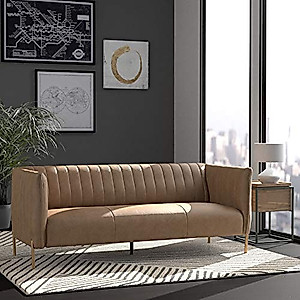 Amazon Brand – Rivet Frederick Mid-Century Channel Tufted Leather Sofa Couch, 77.5"W, Taupe