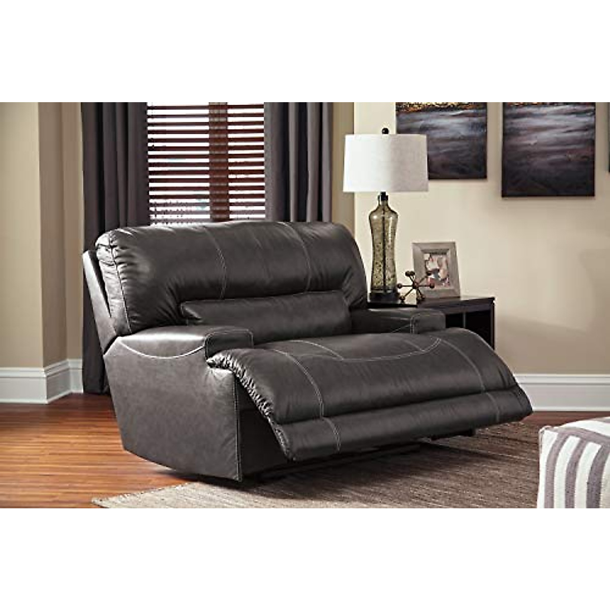 Signature Design by Ashley McCaskill Leather 2 Seat Oversized Manual Reclining Sofa, Dark Gray
