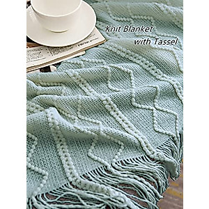 Jaimelavie Throw Blanket Knitted Decorative Blanket with Tassels, Throw Blanket for Couch, Bed, Living Room, Sofa and Chair, Soft Warm Travel Blanket for All Seasons, Aqua Green, 60“x80