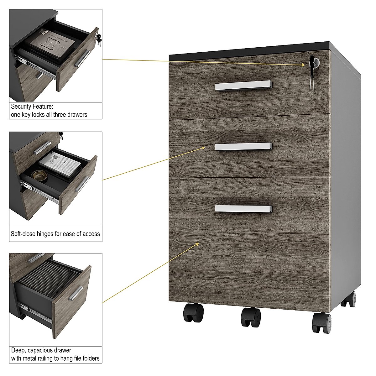 Lazio File Cabinet with Lock - Filing Cabinet for Home and Office - 3 Drawer Small Rolling File Cabinet -Wood Printer Stand with Storage for A4 Size/Legal Documents, File Folders (SLATE GRAY/Black)