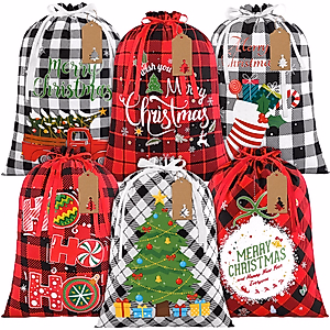 Aneco 6 Pieces Christmas Drawstring Gift Bag Buffalo Plaid Fabric Bag with Drawstring Reusable Gift Wrapping Bags with 24 Kraft Paper Tags and Rope for Christmas Party Supplies, 11.8 x 15.7 Inches