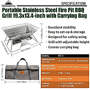 CAMPINGMOON Stainless Steel Portable Camping Fire Pit Foldable Wood Burning Charcoal Grill 20x13-inch with Carrying Bag MT-3