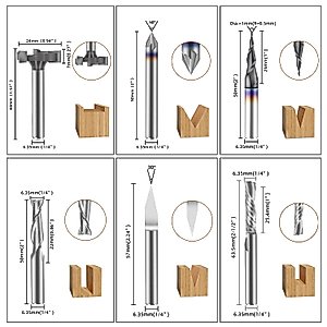 FoxAlien 1/4" Shank CNC Router Bit Essential Kit Includes 1/4" ER11 Collet, V-bit, End Mills, Chamfering Bit for Woodworking MDF Resin Carving Lettering Sign Making