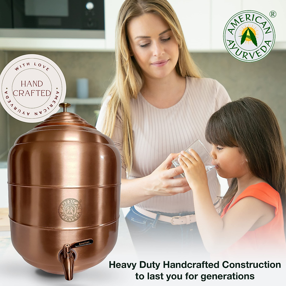 American Ayurveda Countertop 100% Pure Copper 5 Gallon Dispenser Storage Tank Pot With Stainless Steel Faucet and Lid Kitchen Home Health Yoga Meditation