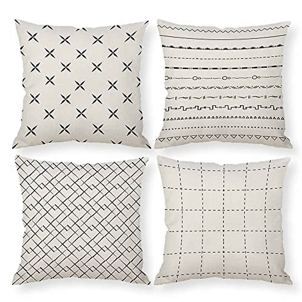 Outdoor Throw Pillow Covers 18x18 Waterproof Farmhouse Boho Spring Summer White Beige Black Patio Decorative Linen Square Modern Floral Line Geometry Stripe Courtyard Garden Sofa Chair Couch set of 4