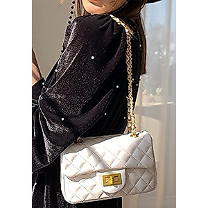 Women's Quilted Shoulder Bag | Chain Link Strap Clutch Purse | Crossbody Mini Messenger Handbag (Beige, Mini)