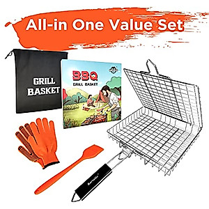 KARTALIO BBQ Stainless Steel Grill Basket,Barbecue Party Rustproof Grilling Basket, Large Folding Grilling baskets With Detachable Handle, Portable Outdoor Camping Accessories.