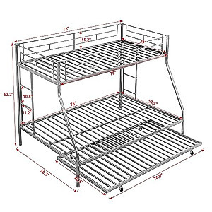 NCKMYB Metal Bunk Bed with Trundle for 3 Twin Over Full Bunk Bed with 2 Ladders, for Kids Teens Adults, Space-Saving Design, Silver