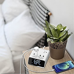 Alarm Clock with USB Ports, BTU Digital Alarm Clock Power Strip Surge Protector with 2 AC Outlets, 4 USB Ports, 6FT Power Cord, Adjustable Brightness and Snooze Function for Bedroom, Hotel