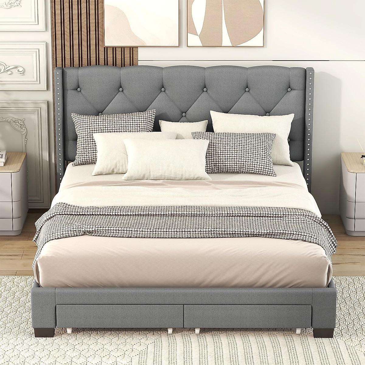 ALYSAHOME Upholstered Queen Size Platform Bed with Storage for Kids,Adults Bedroom,Linen Fabric Bedframe w/Two Drawers & Tufted Nailed Headboard,Space Saving Design & No Box Spring Needed, Gray