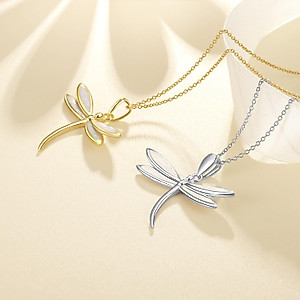 FANCIME Yellow Gold Plated Sterling Silver Opal Dragonfly Necklace Long Chain Charm Dainty Pendant October Birthstone Jewelry for Women 16"+2"