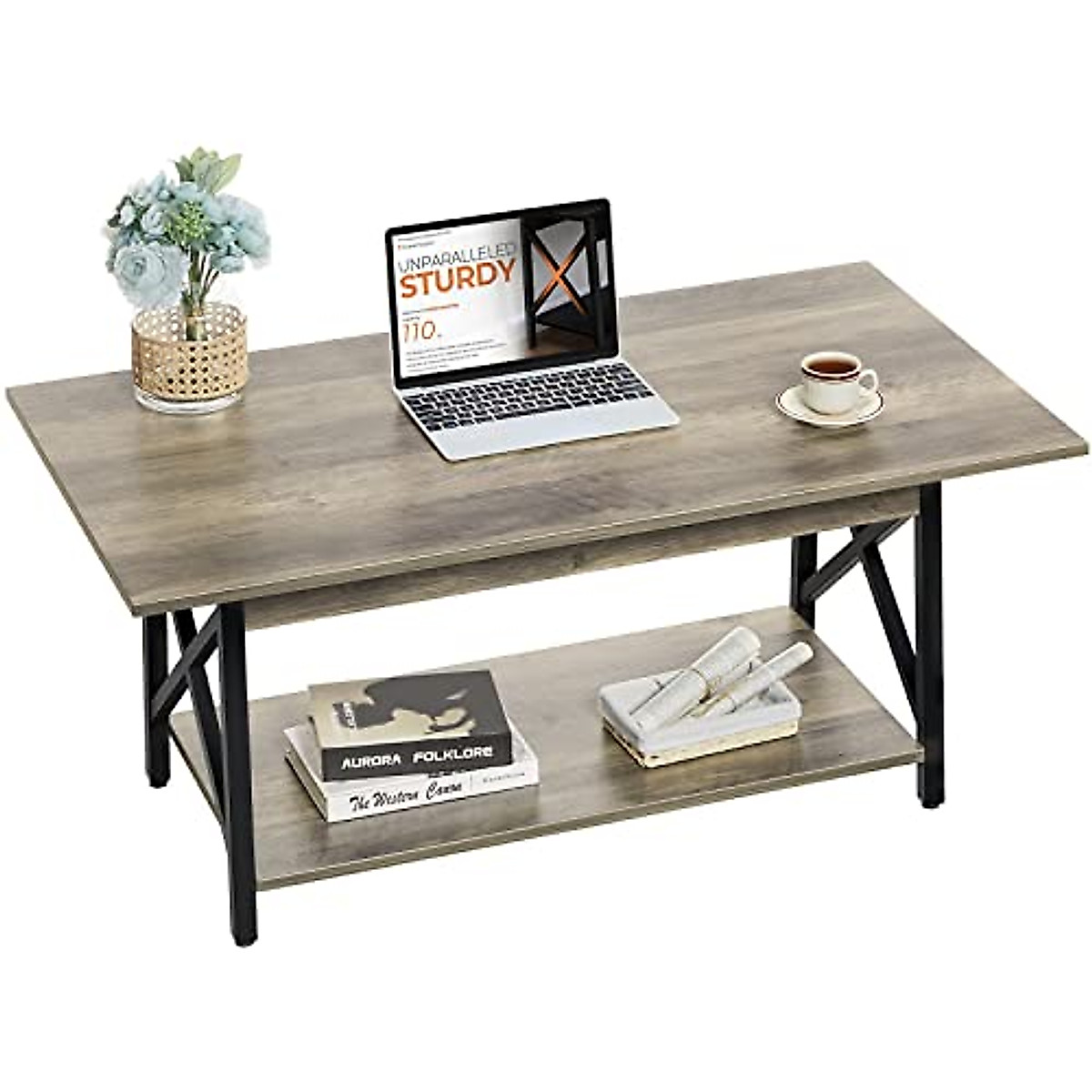 GreenForest Coffee Table Large 43.3 x 23.6 inch Rustic Farmhouse with Storage Shelf for Living Room, Easy Assembly, Gray WASH