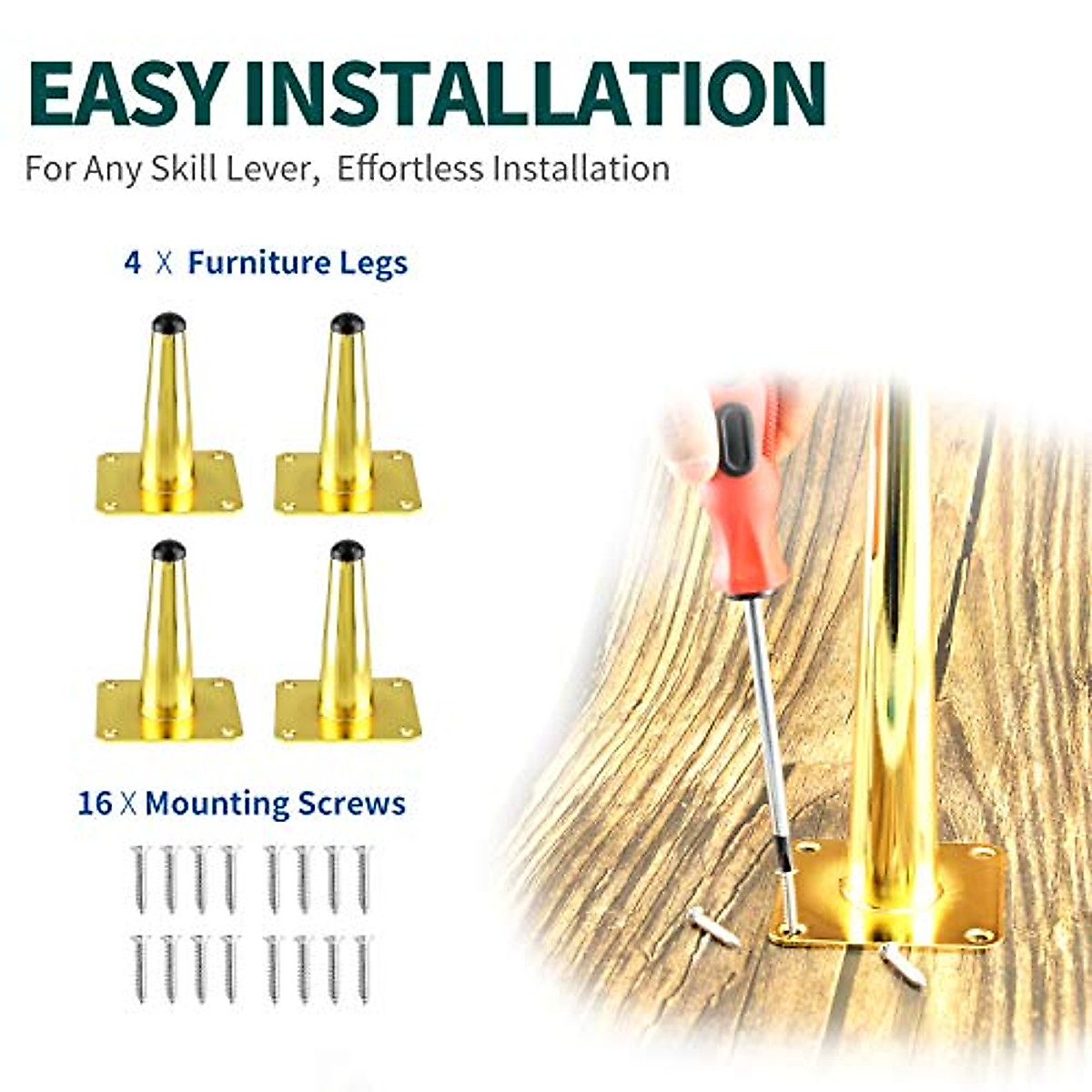Seimneire 4pcs 4 Inch Furniture Legs, Straight Conical Metal Legs Luxury Gold Mid-Century Style Furniture Feet for Sofa Cabinet Table Chair Cupboard Couch Ottoman Home DIY Projects
