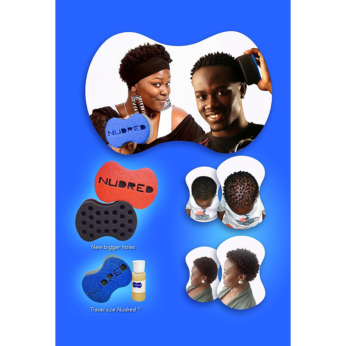 Nudred Starter Pack, Red Twist Hair Sponge Brush, Moisturize & Rejuvenate Curls, Coils, Twists & Locs, Hair Care Products for Black Men & Women, Large Holes, 8 Oz Bottles