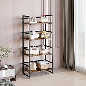 BHG Vintage Multifunctional Folding Bookshelf, No-Assembly Plant Stand Storage Rack Shelves for Home Office (Fire, 4-Tier)