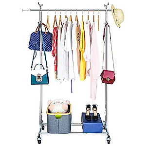 HOUSE AGAIN Adjustable 2-in-1 Heavy-Duty Garment Rack Clothes Coat Rack Rolling with Foot Operated Lockable Wheels, Extra Strength Clothes Rack for Hanging Clothes, Shoes Organizing, Chrome