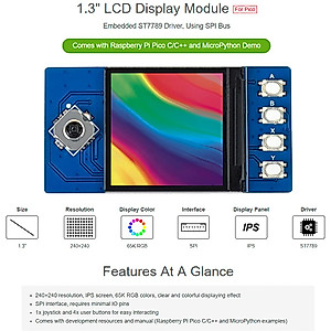Waveshare 1.3inch RGB LCD Display Module for Raspberry Pi Pico, 240×240 Resolution IPS Screen 65K RGB Color SPI Interface ST7735S Driver