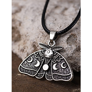 HAQUIL Moth Necklace, Moon Phase Moth Pendant, Faux Leather Cord, Wiccan Moth Jewelry Gift for Women
