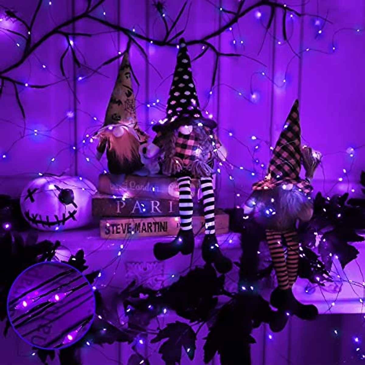 2 Set Halloween Lights Decorations, Total 400LED/131.2Ft Timer 8 Modes Remote Waterproof Battery Box Copper Fairy String Lights Halloween Decor Indoor Outdoor Garden, 200LED/65.6Ft Each (Purple)