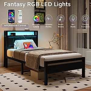 HOJINLINERO Twin Bed Frame with Charging Station & LED Lights,Storage Upholstered Headboard,Metal Bed Frame Twin Size Bed Frames No Box Spring Needed,Mattress Beds Base,Heavy Duty Steel Slats,Black