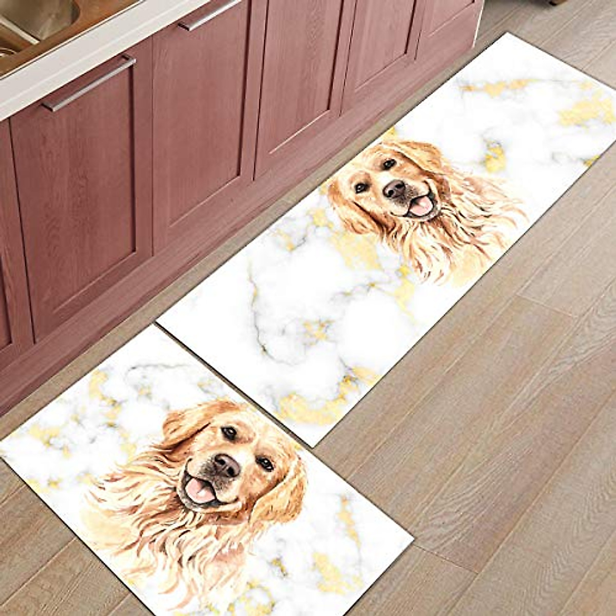 Big buy store Kitchen Rug Sets 2 Piece Golden Retriever Non Slip Anti Fatigue Floor Mats Marble Pattern Comfort Soft Absorb Cushioned Standing Doormat Runner Rugs (15.7x23.6+15.7x47.2 inch)