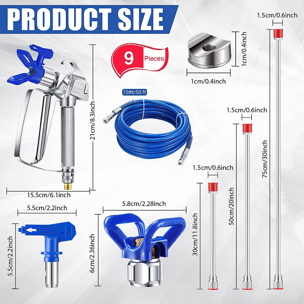 LEIFIDE 9 Pcs Airless Sprayer Gun Hose Kit 50ft 3600psi High Pressure Fiber Tube with Extension Rod Pole 313 415 517 Tip and Tip Guard Swivel Joint Paint Sprayer Hose Set for Homes Buildings (Blue)
