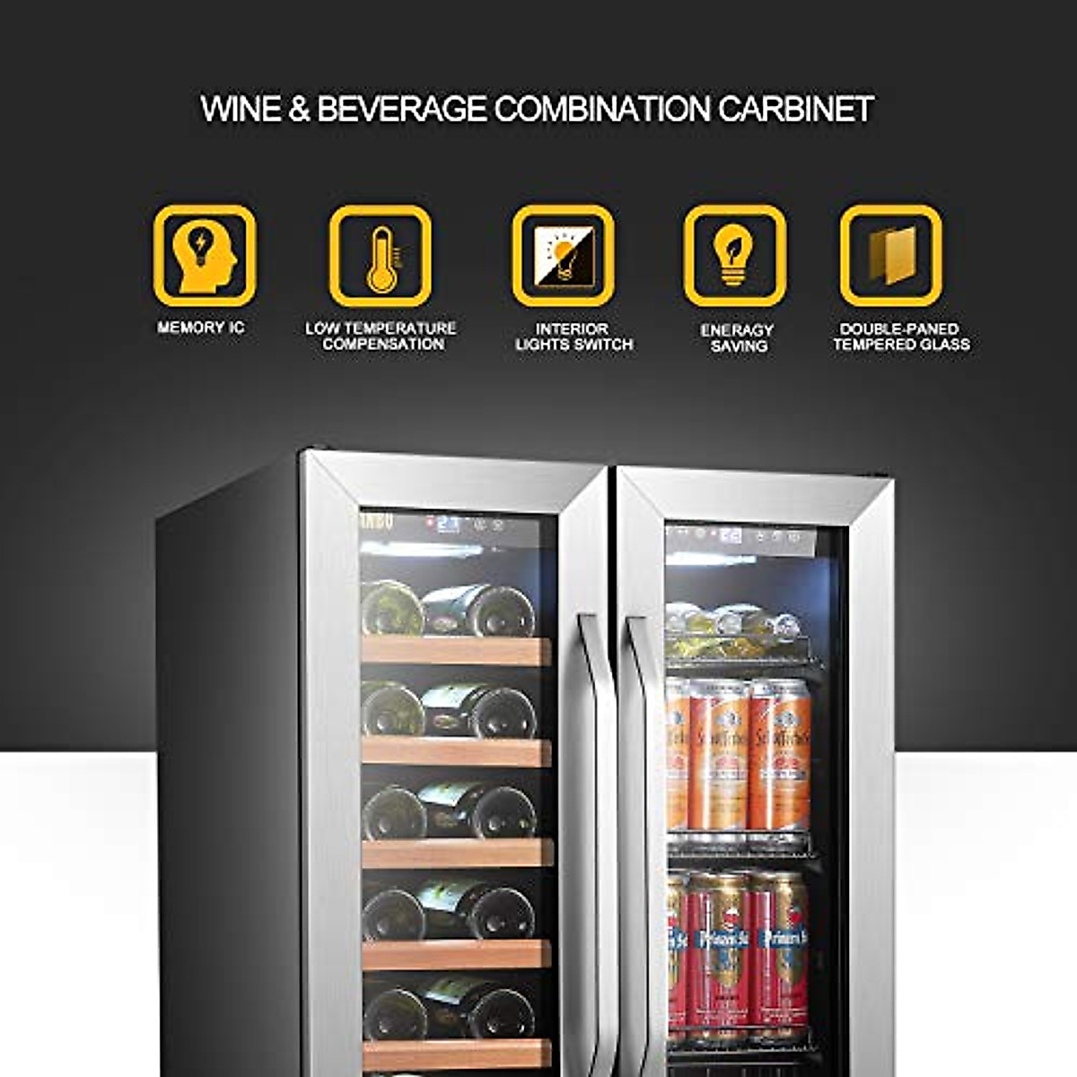 Lanbo Wine and Beverage Refrigerator, Dual Zone Built-in Wine and Drink Center, 18 Bottle and 55 Can