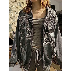 Winioder Women Y2K Zip Up Hoodie Vintage Graphic Oversized Hoodies Grunge Aesthetic Sweatshirt Jacket Skeleton Gothic Hoodie (B-Grey,X-Large)