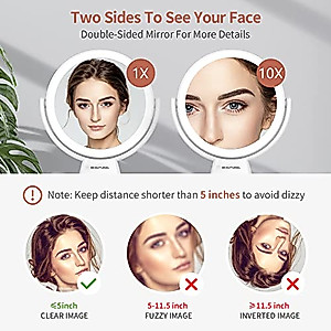Lighted Makeup Vanity Mirror with 3 Colors, 6.5" Double Sided 1x/10x Magnifying Mirror with Lights, Adjustable Brightness&Standing Height, 360 Degree Rotation Touch Sensor,AC Adapter Powered