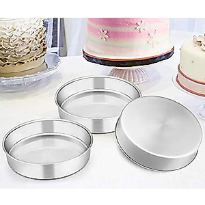 E-far 8 Inch Cake Pan Set of 3, Stainless Steel Round Layer Cake Baking Pans, Non-Toxic & Healthy, Mirror Finish & Dishwasher Safe