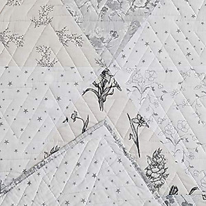 Cottage Classics Kamala Floral Cotton Pieced Quilt Set, King, Grey/Cream