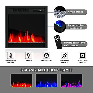 20" Electric Fireplace Wall Recessed Heater, 1500W/5100BTU (Black)