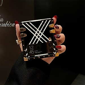 Ephoou for Samsung Galaxy Z Flip4 5G Case for Women,Square Rivet Metal Corner Design Phone Case Cover with Bling Diamond Ring Suitable for Samsung Galaxy Z Flip4 5G 6.7" BF-Black