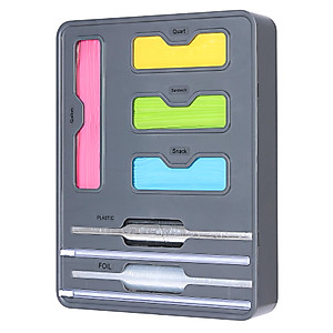 CiWiVOKi Storage Bag Organizer for Kitchen Drawer, Foil and plastic Wrap Organizer with Cutter, Plastic Kitchen Organizers and Storage for Sandwich Gallon Quart Snack Bags, 12" Aluminum Foil, Grey