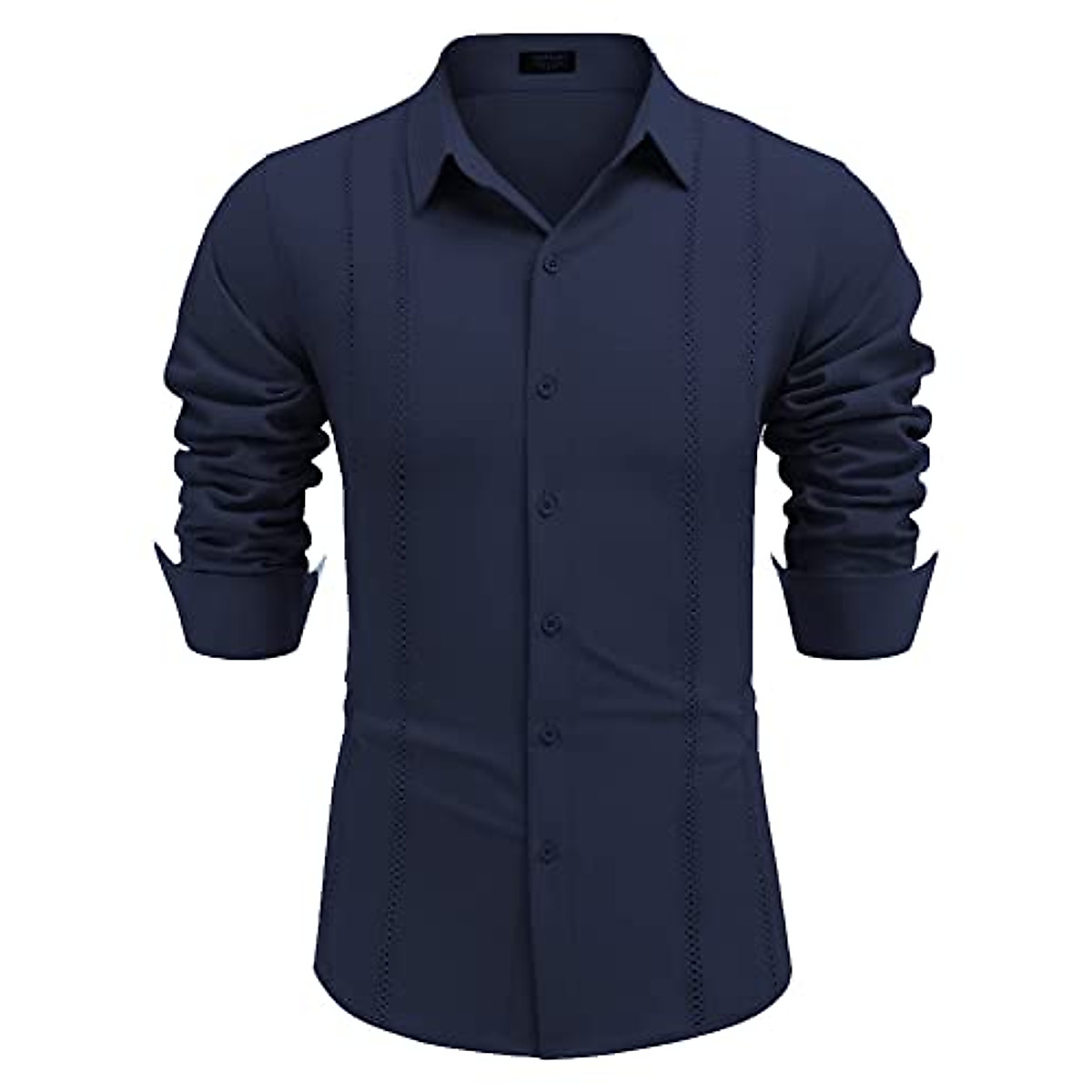 COOFANDY Men's Cuban Guayabera Shirts Casual Long Sleeve Button Down Shirt Summer Beach Tops Navy Blue