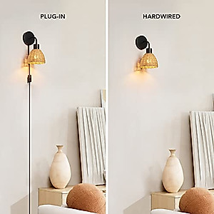 Globe Electric Briar 1-Light Plug-in or Hardwire Wall Sconce, Matte Black, Rattan Shade, 6ft Black Braided Fabric Designer Cord, in-Line On/Off Rocker Switch, Bulb Not Included