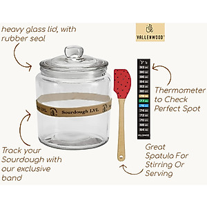 VALLENWOOD Sourdough Set: Clear Thicker Glass Jar 34oz, 1L With Lid. Plus Silicone Band Level Tag, Thermometer With Magnetic Strip And Spatula. For Fermenting. For Starter (Circular)
