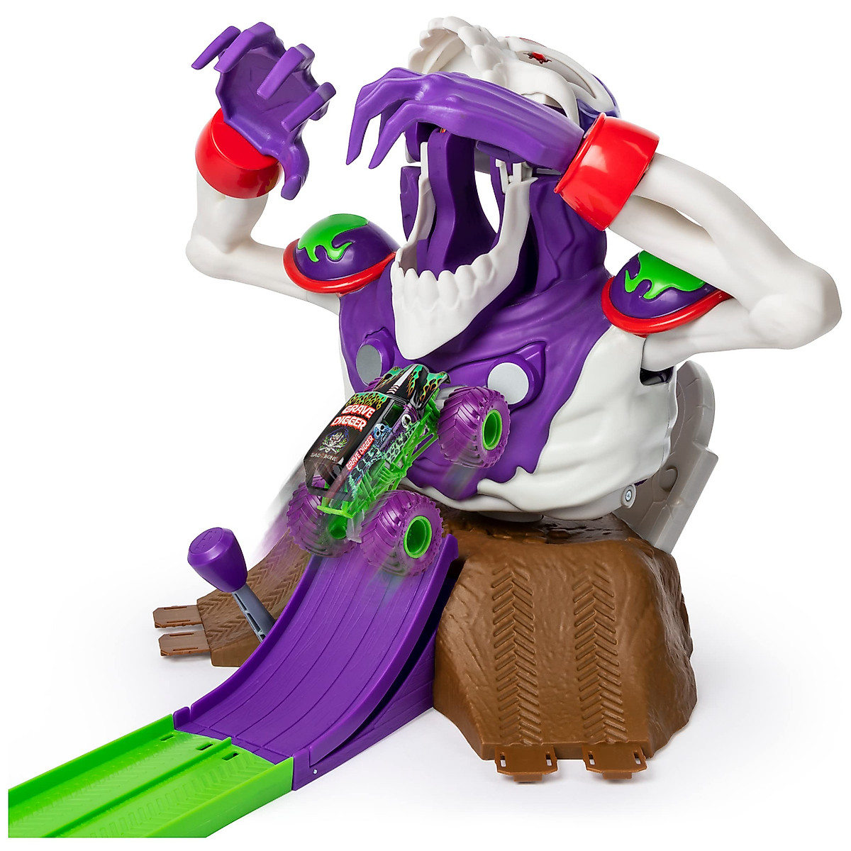 Monster Jam, Grim Takedown Playset with Lights and Sounds, Featuring Exclusive 1:64 Scale Die-Cast Grave Digger Monster Truck