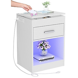 Gyfimoie LED Nightstand with Charging Station, Modern Bedroom End Side Table with Lock Cabinet and Power Outlets, Sofa Bedside Table with Hidden Compartment for Valuables Storage