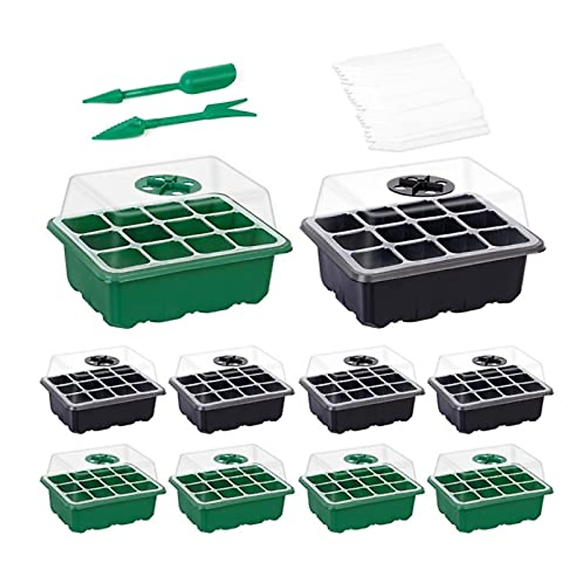 AOSANT 10 Packs Seed Starter Trays Seedling Tray, Humidity Adjustable Kit with Dome and Base Greenhouse Grow Trays Mini Propagator for Seeds Growing Starting(5 Green & 5 Black)