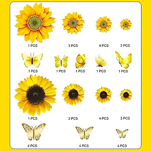 Large Sunflower Wall Stickers - 39 PCS Sunflower Daisy Decals for Wall 3D Butterfly Wall Sticker Sunflower Bathroom Nursery Decor Removable Yellow Flowers Decal for Kitchen Bedroom Decoration