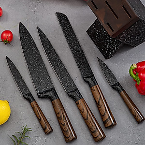 Knife Set, 6Pcs Kitchen Knife Set with Block, Professional Chef Knife Sets with Carving Paring Bread Knife High Carbon Stainless Steel Knife Set with Japanese Designed Wood Grain Pattern Handle