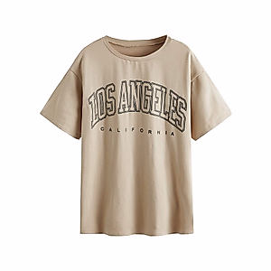 SOLY HUX Women's Graphic Oversized Tees Letter Print Summer Tops Vintage Half Sleeve Loose Casual T Shirts Beige/Black XXL