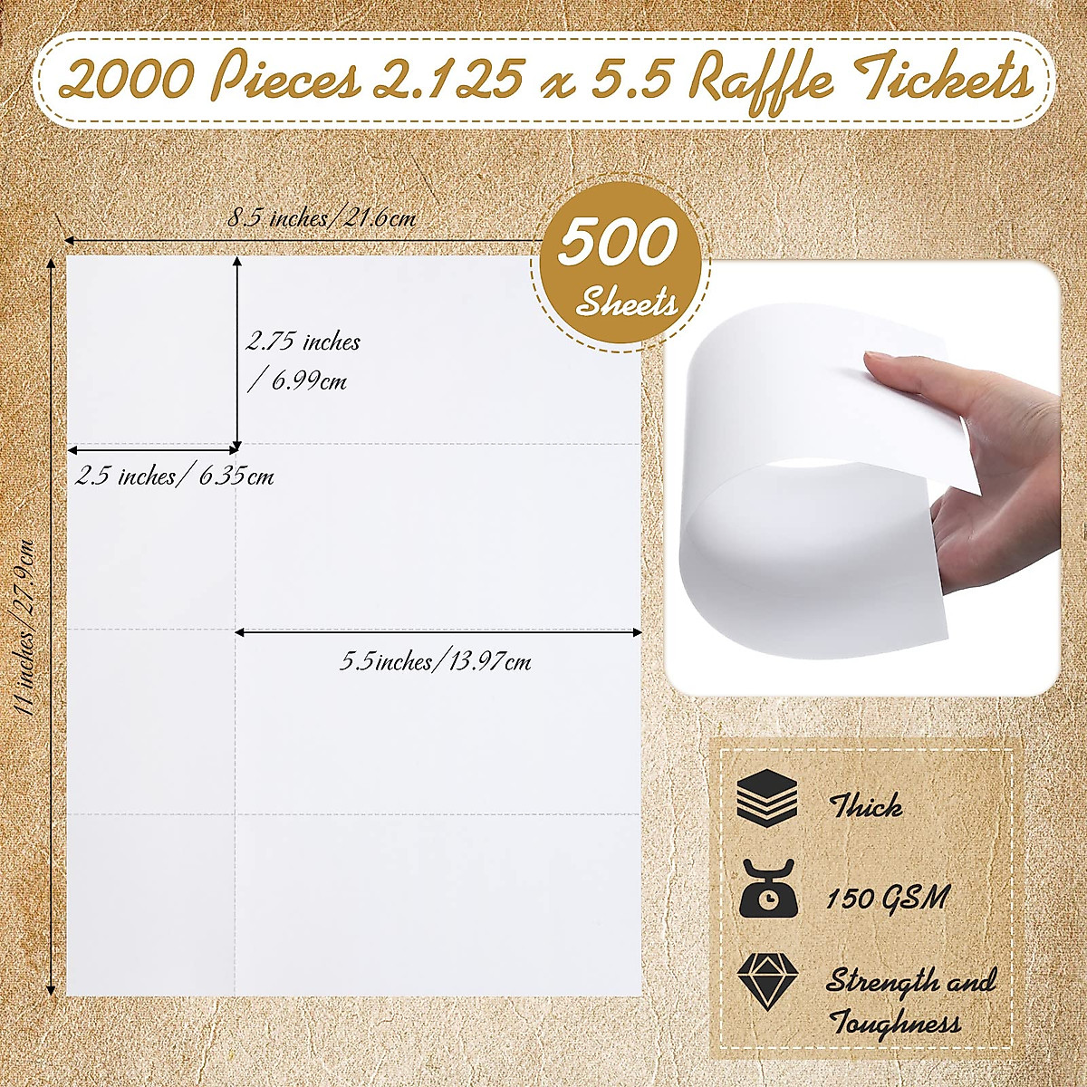 Sabary 500 Sheets Double Sided Printable Raffle Tickets 8.5 x 11'' Perforated Cardstock for Ticket with Tear Away Stub Raffle and Event Ticket 67lb Compatible Laser Inkjet Printer (2.75 x 8.5'')