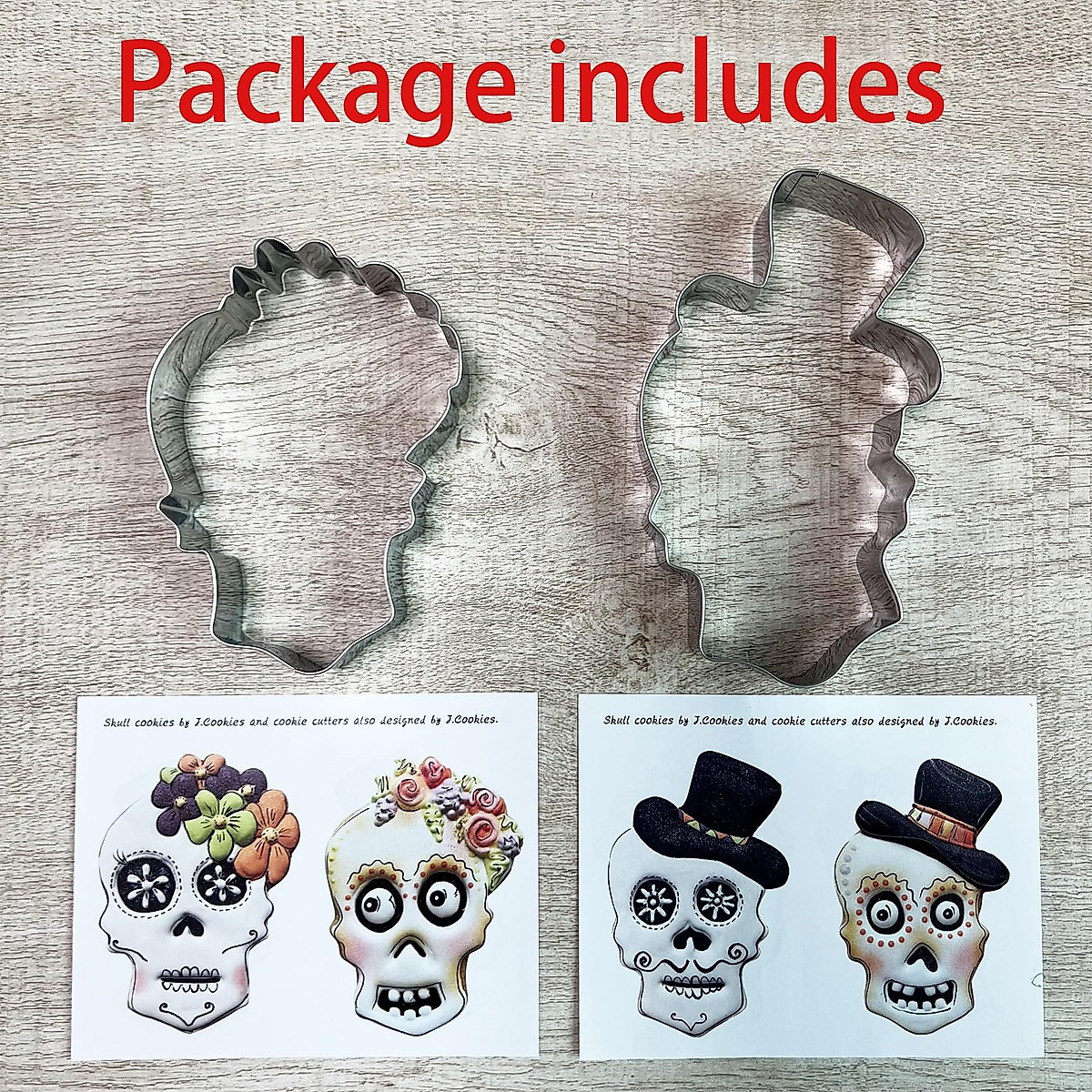 LILIAO Halloween Skull Cookie Cutter Set - 2 Piece - Skull with Hat and Flowers Fondant Biscuit Cutters - Stainless Steel