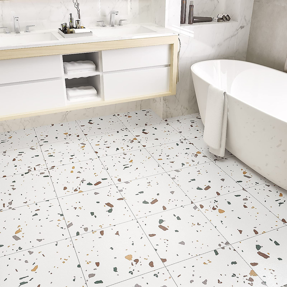 WESTICK Terrazzo Peel and Stick Flooring for Bathroom Removable Floor Tiles Peel and Stick Waterproof Self Adhesive Vinyl Flooring Terrazzo Peel and Stick Floor Tile for Kitchen Bedroom 10PCS 12"x12"