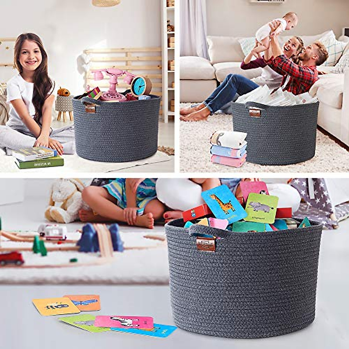 Rope Baskets Extra Large Storage Baskets Cotton Rope Woven Nursery Bins (15"x10", Dark gray)