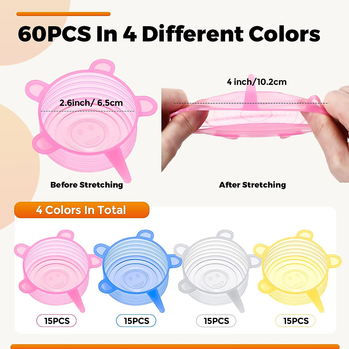 60 Pack Silicone Stretch Lids 2.6 Inch Reusable Silicone Lids Microwave Cover for Food Bowl Covers Silicone Covers for Food Storage Freezer Microwave 2.6-3.3 Inch Container Cup Can Pot, 4 Colors